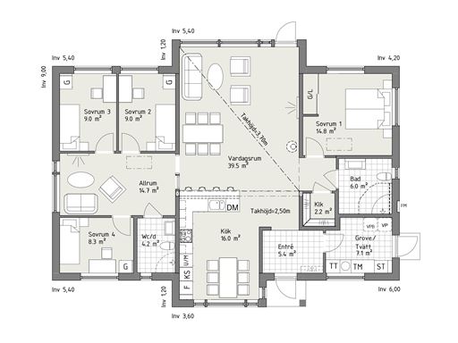Ett 1-planshus med stora gemensamma och sociala ytor. - Myresjöhus