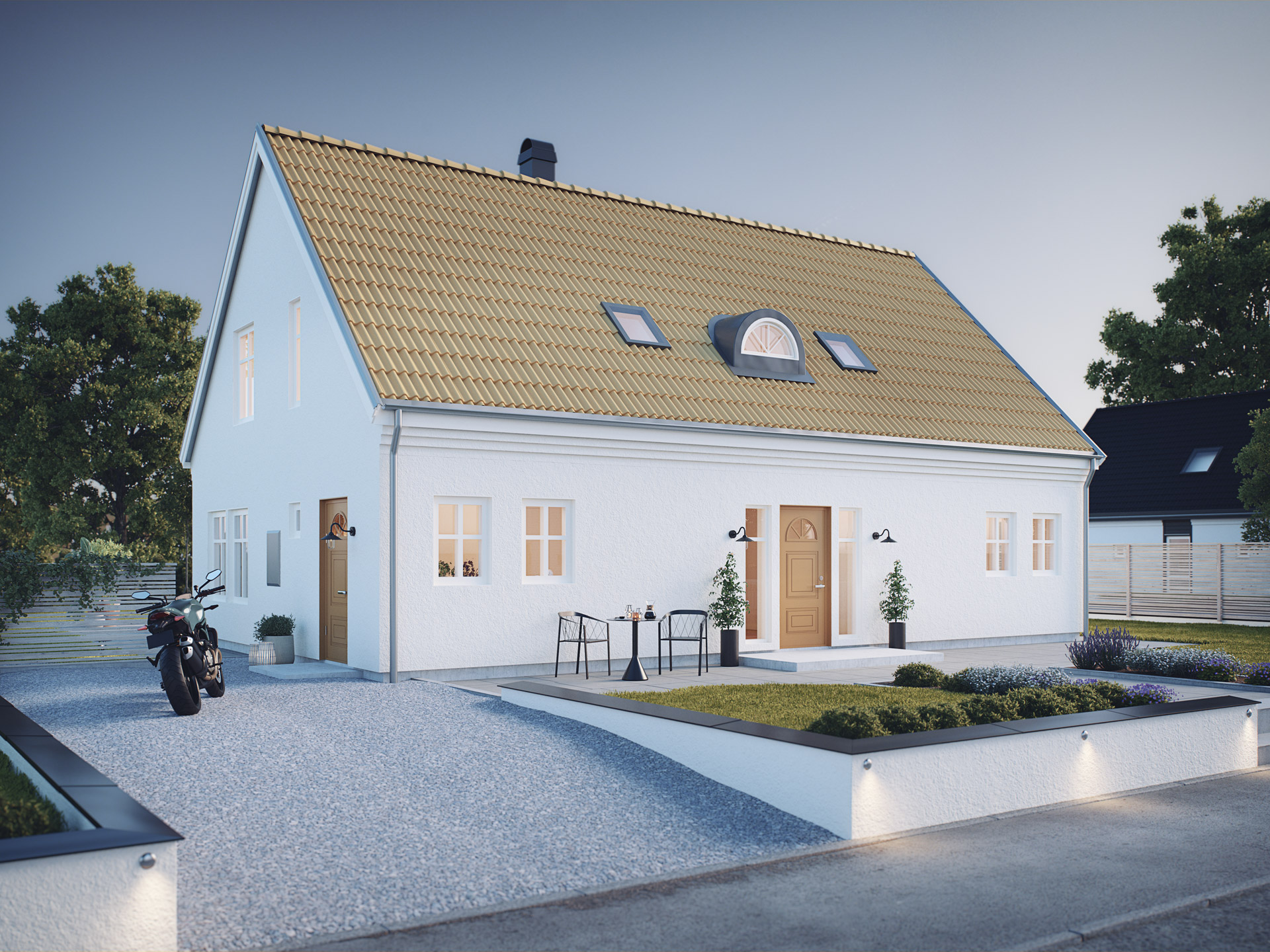 Sandsten x Lantlig: 1,5-planshus i nutida lantlig stil